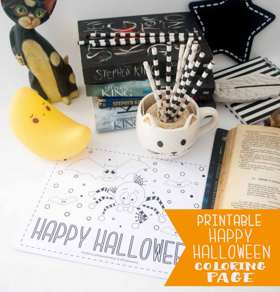 Free Cute Spider and Bat Halloween Coloring Page F003 – Partymazing.com