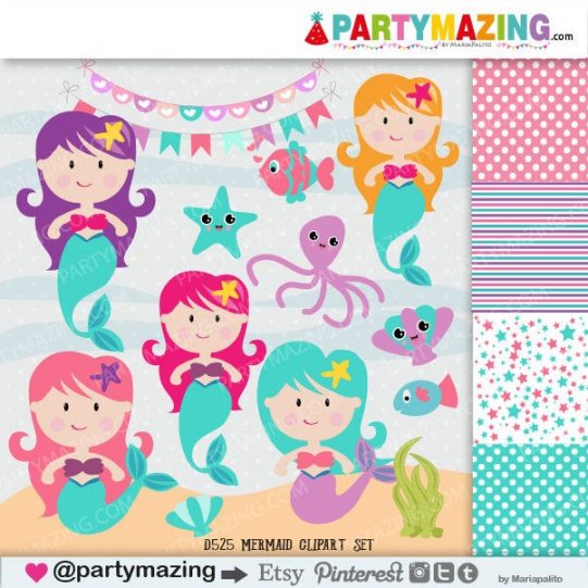 Cute Girl Mermaid Clipart Set | Under the sea Illustrations | E376 ...