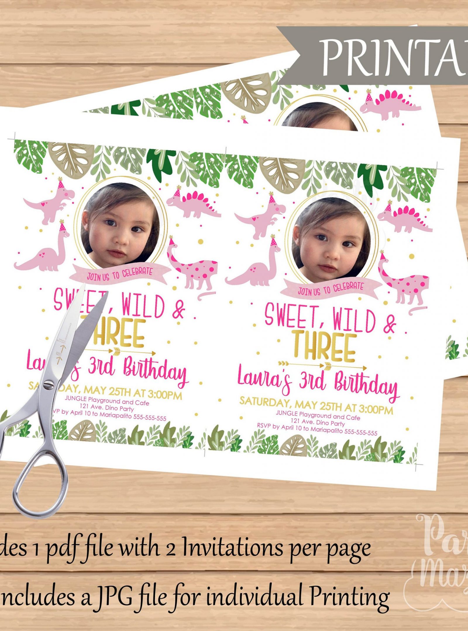 Girl Dinosaur Invitation Pink | Printable Jungle Invite with Picture ...